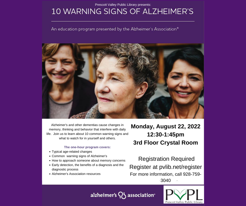 Alzheimer’s Association: 10 Warning Signs of Alzheimer’s, August 22nd, 2022. | Yavapai Library ...